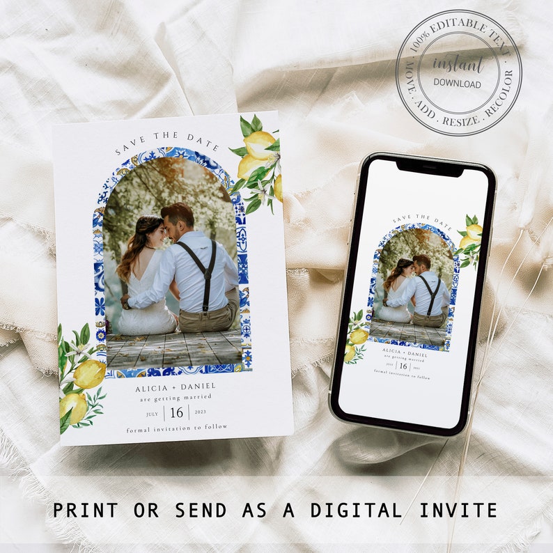 ALICIA - Blue Tiles and Lemons Wedding Save the Date Template, Editable ...