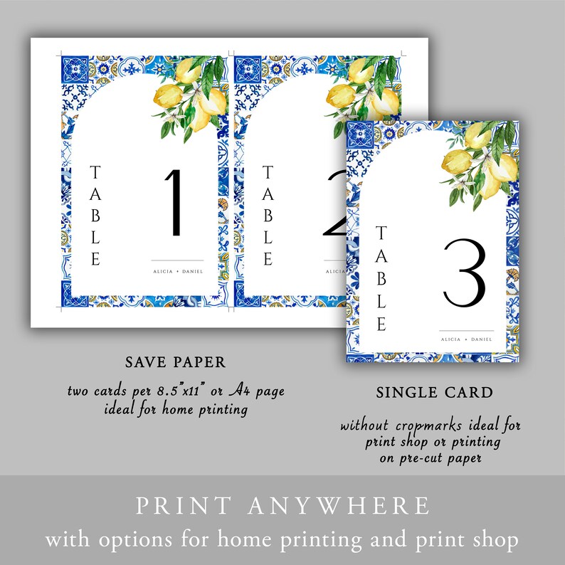 ALICIA Blue Tiles and Lemons Wedding Table Numbers Template - Etsy