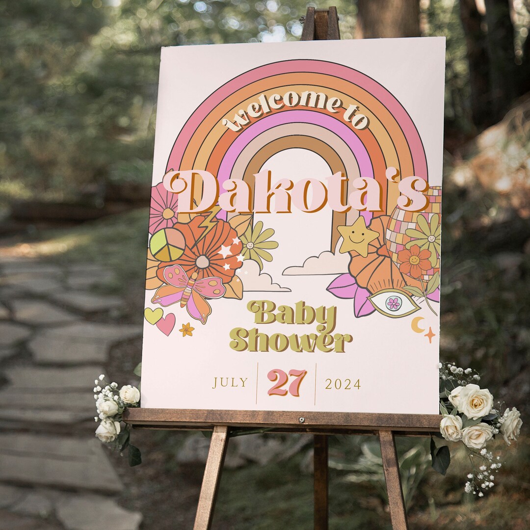 GROOVY Retro Baby Shower Welcome Sign, Editable Hippie Rainbow 70s Vibe ...