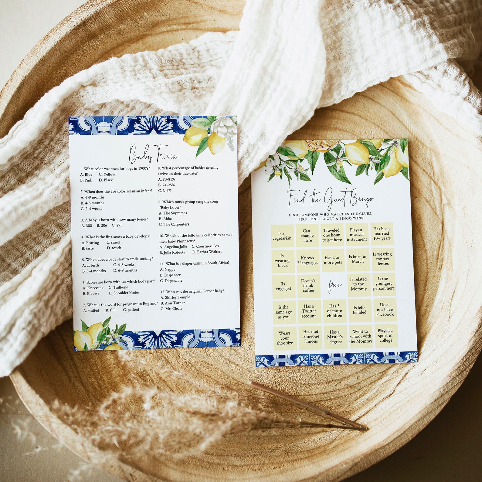ALICIA - Blue Tiles and Lemons Baby Shower Games Bundle, Editable ...