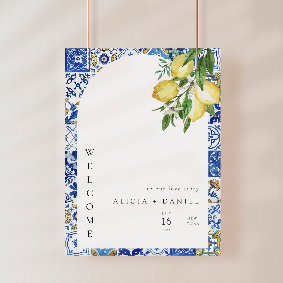 ALICIA Blue Tiles and Lemons Wedding Welcome Sign Template - Etsy