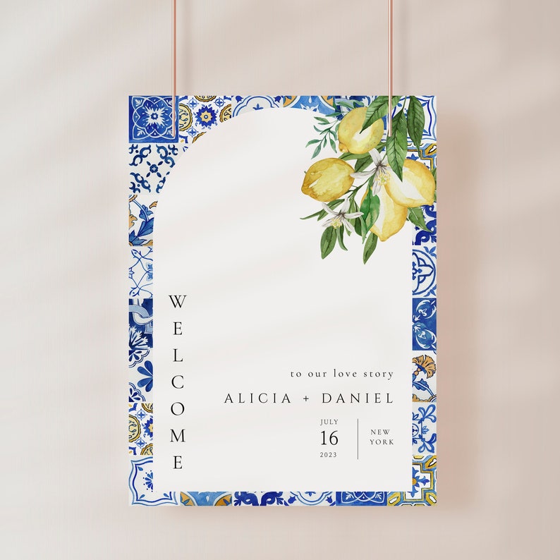 ALICIA Blue Tiles and Lemons Wedding Welcome Sign Template - Etsy
