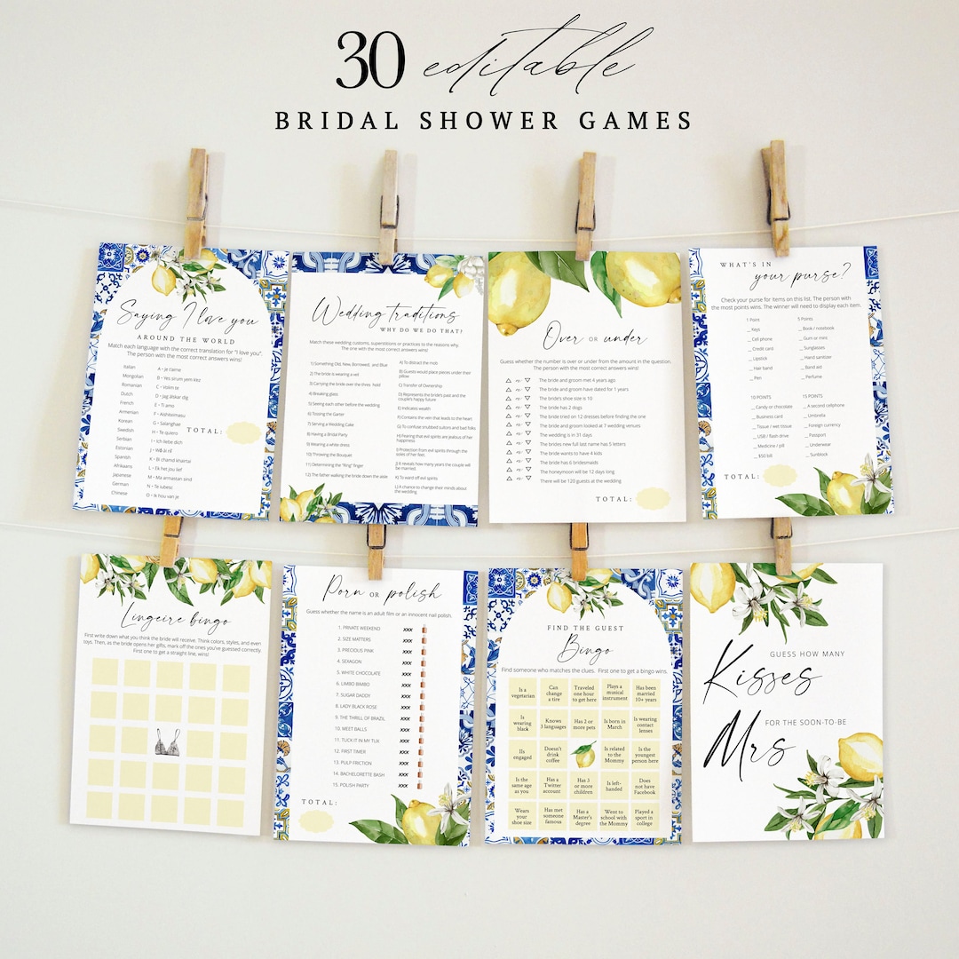 ALICIA - Blue Tiles and Lemons Bridal Shower Games Bundle, Editable ...