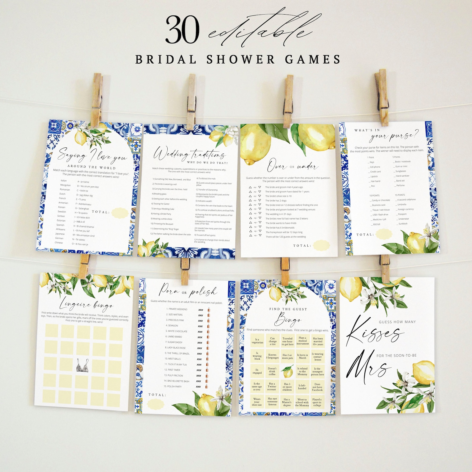 ALICIA - Blue Tiles and Lemons Bridal Shower Games Bundle, Editable ...