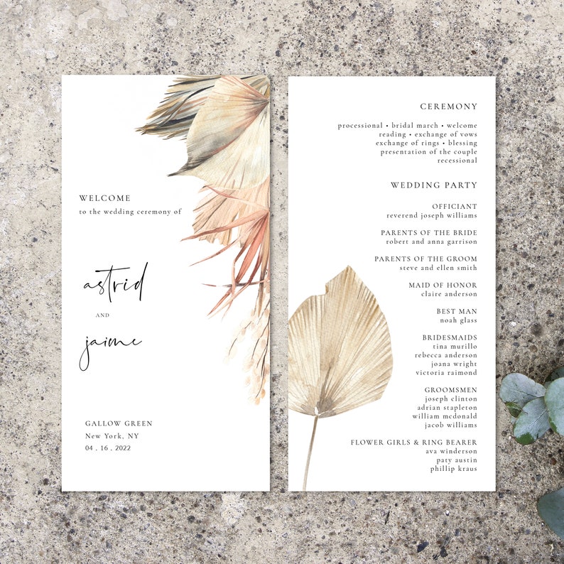 Boho Wedding Program Template Pampas Grass Wedding Program - Etsy
