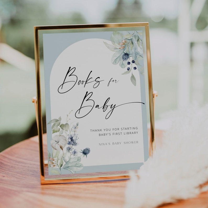NINA - Dusty Blue Floral Books for Baby Sign Template, Editable Winter ...