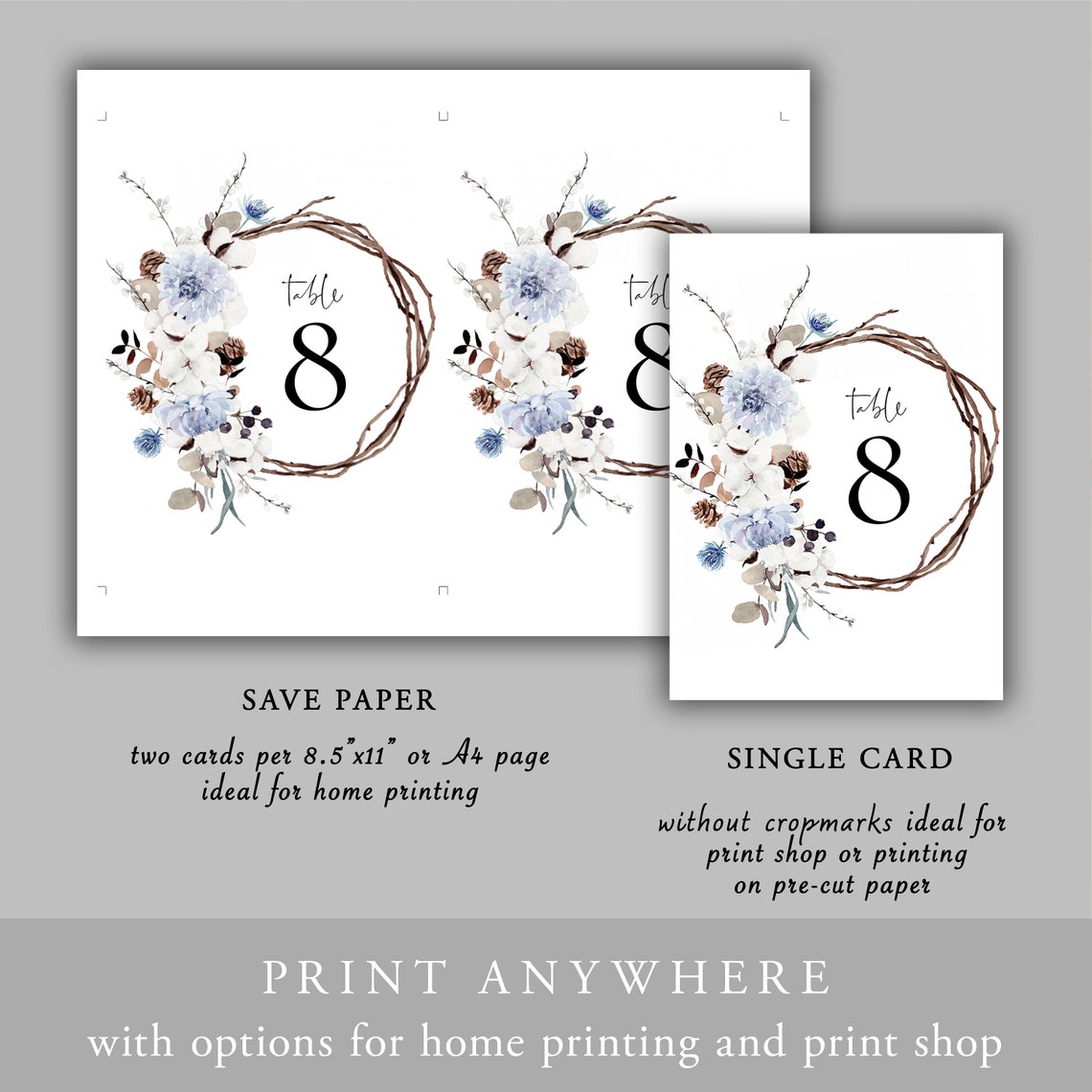 Dusty Blue Wedding Table Number Sign Template Editable Table Card ...