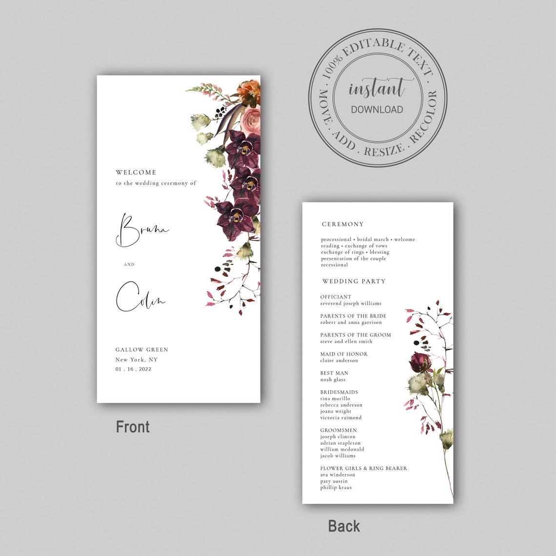 Burgundy Floral Wedding Program Template Printable Boho Order | Etsy