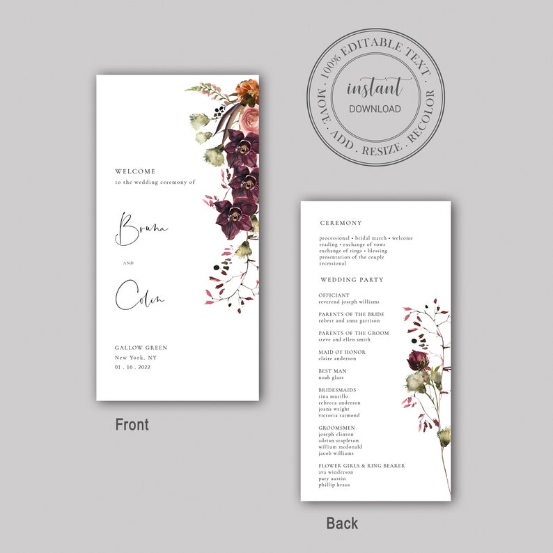 Burgundy Floral Wedding Program Template Printable Boho Order - Etsy