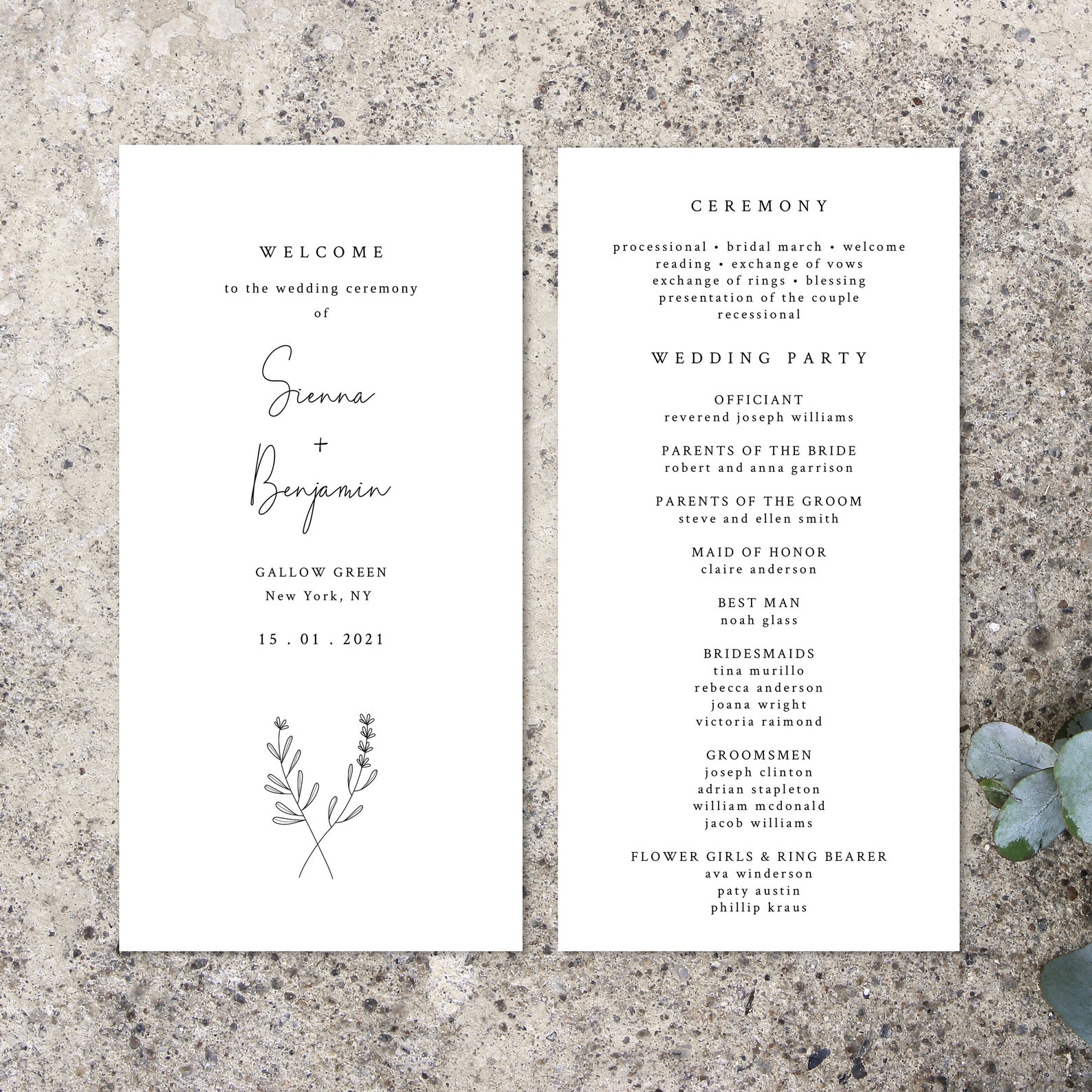 Modern Minimalist Floral Wedding Program Template Black and | Etsy