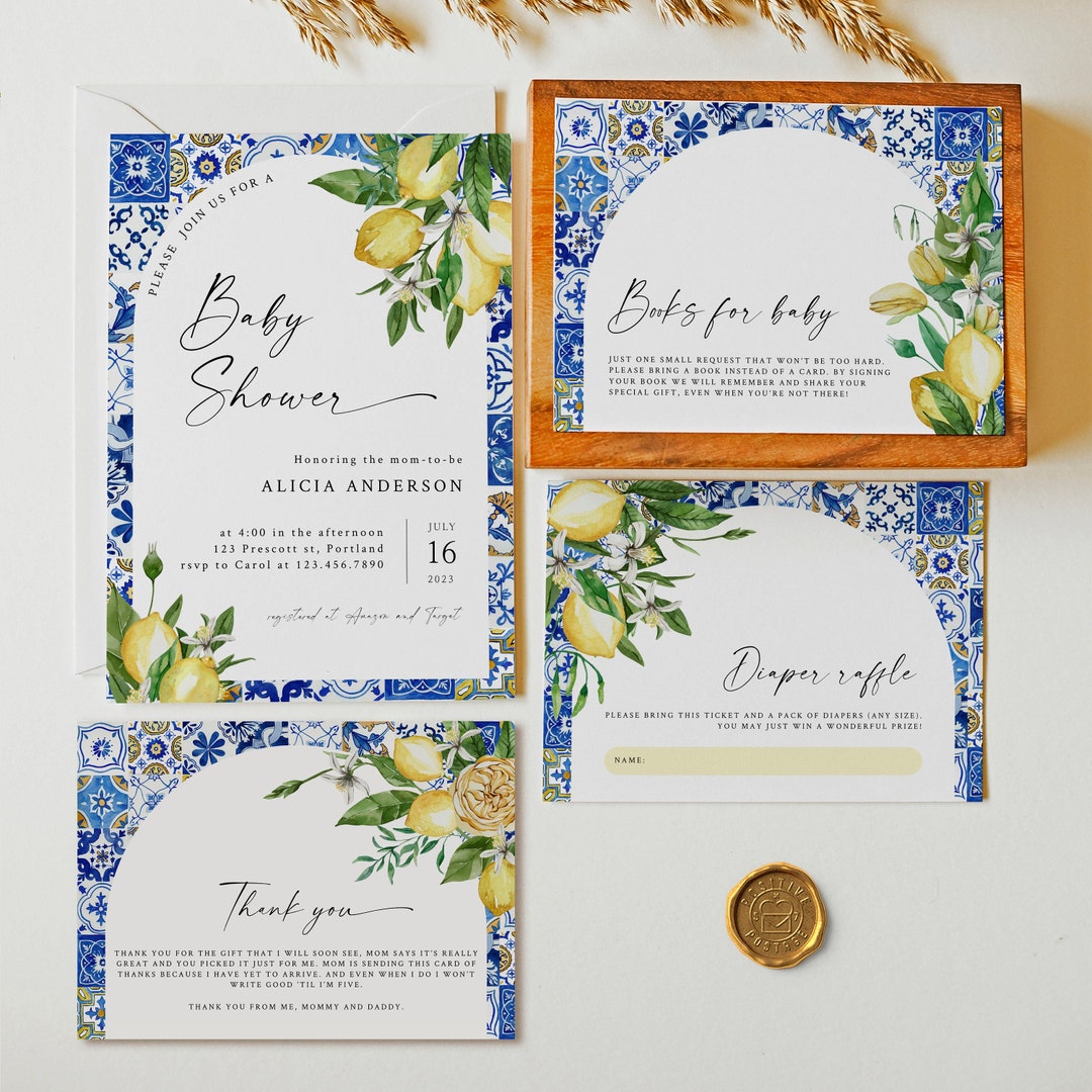 ALICIA - Blue Tiles and Lemons Baby Shower Invitation Suite, Editable ...