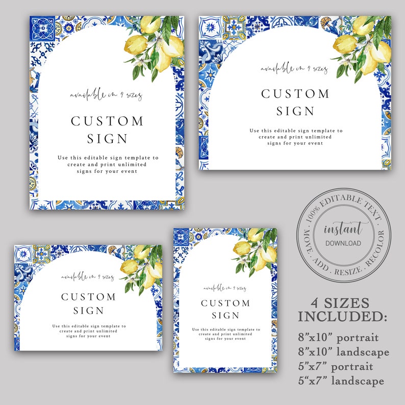 ALICIA - Blue Tiles and Lemons Custom Sign Template, Editable Arched ...