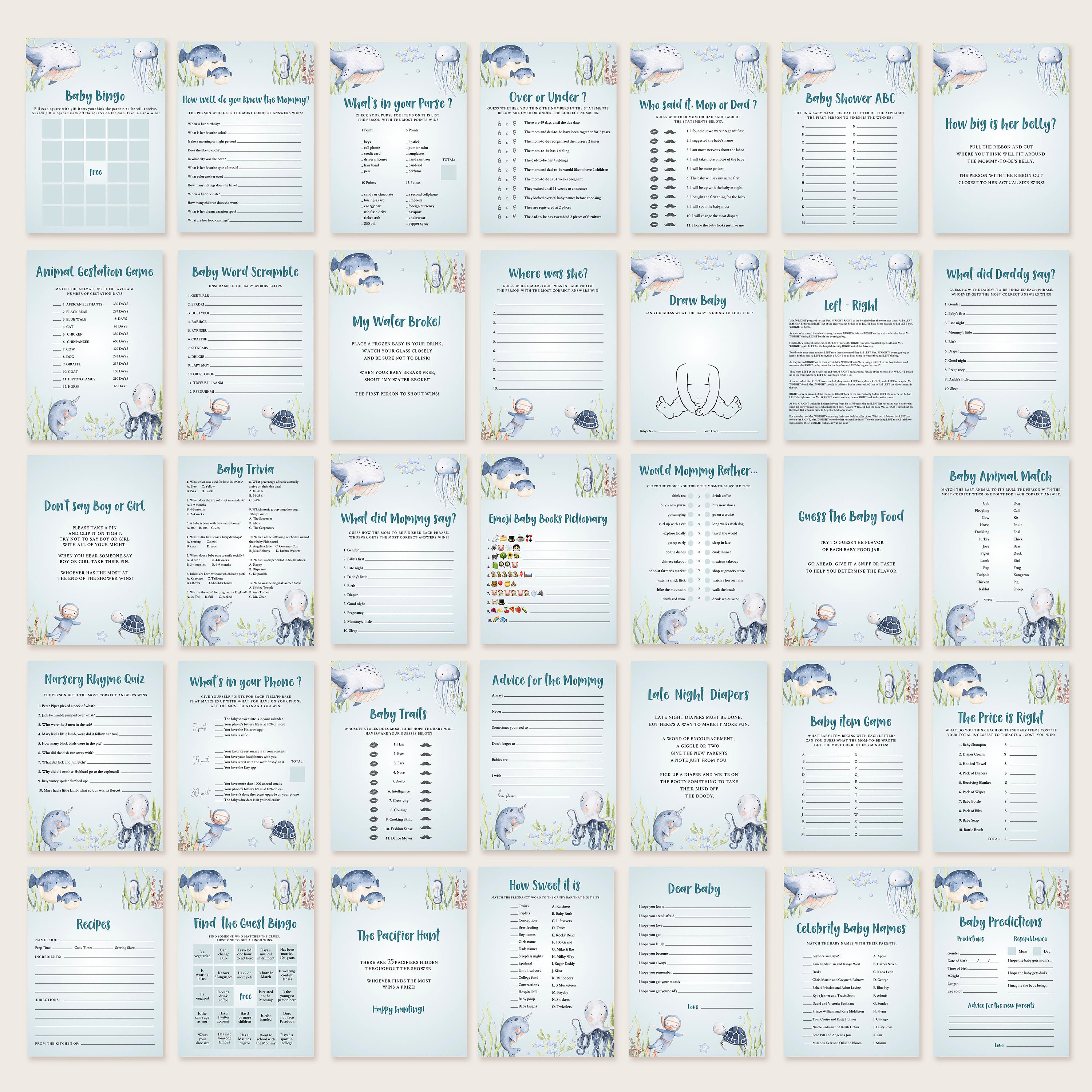BRUNA - Under the Sea Baby Shower Games Bundle, Ocean & Sea Baby Shower ...