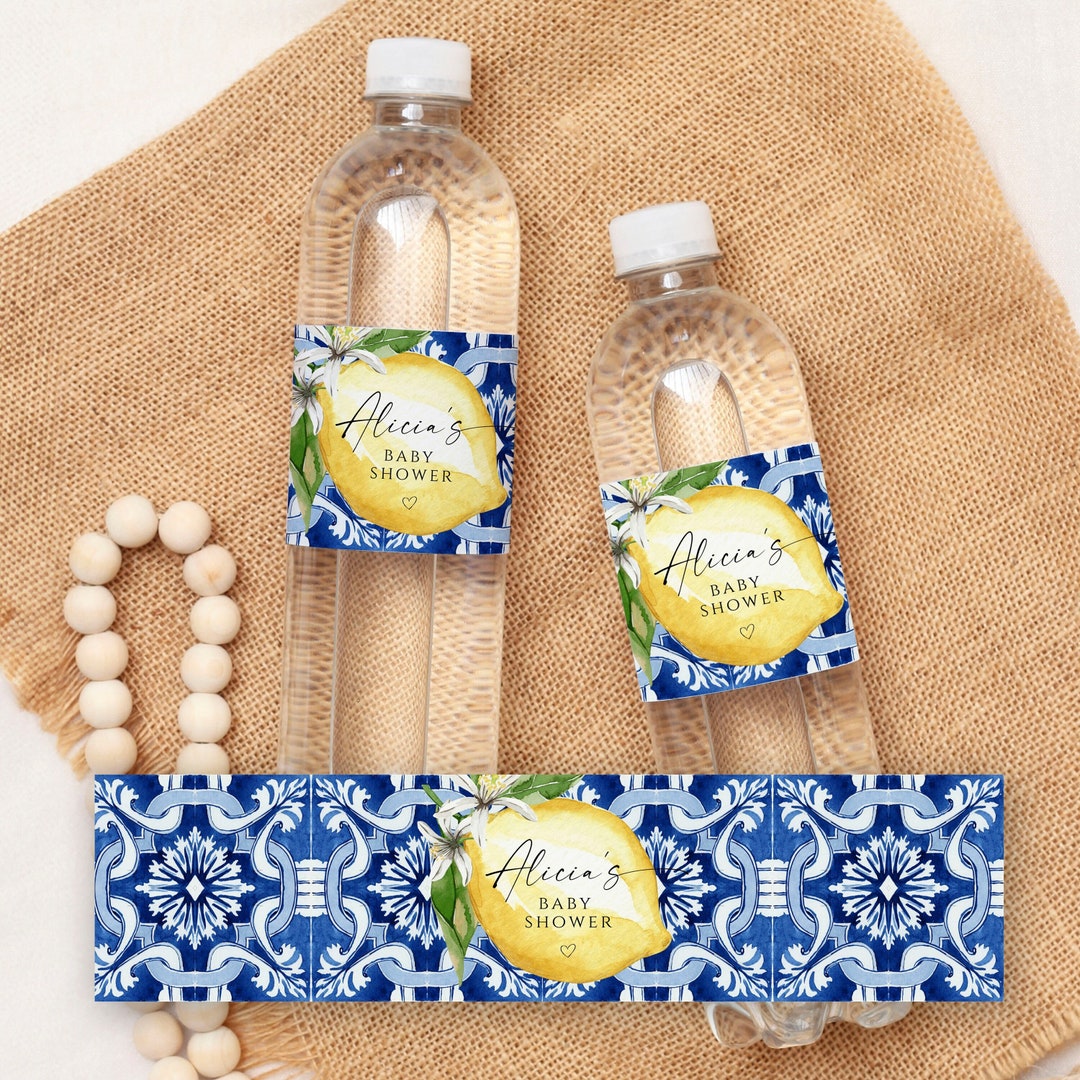 ALICIA - Blue Tiles and Lemons Water Bottle Label, Editable Italian ...
