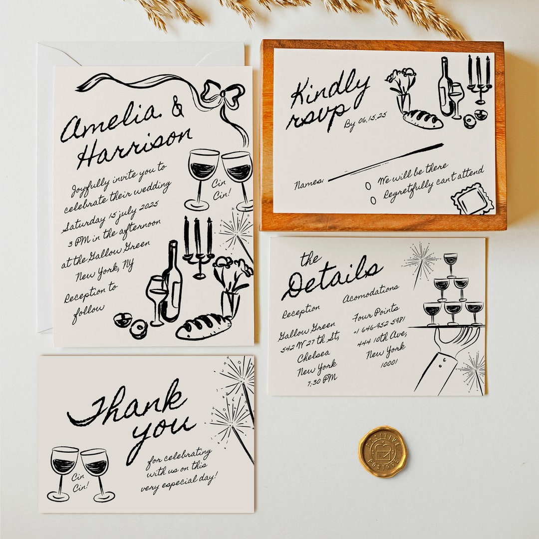 AMELIA - Wedding Invitation Suite Template, Editable Hand Drawn ...