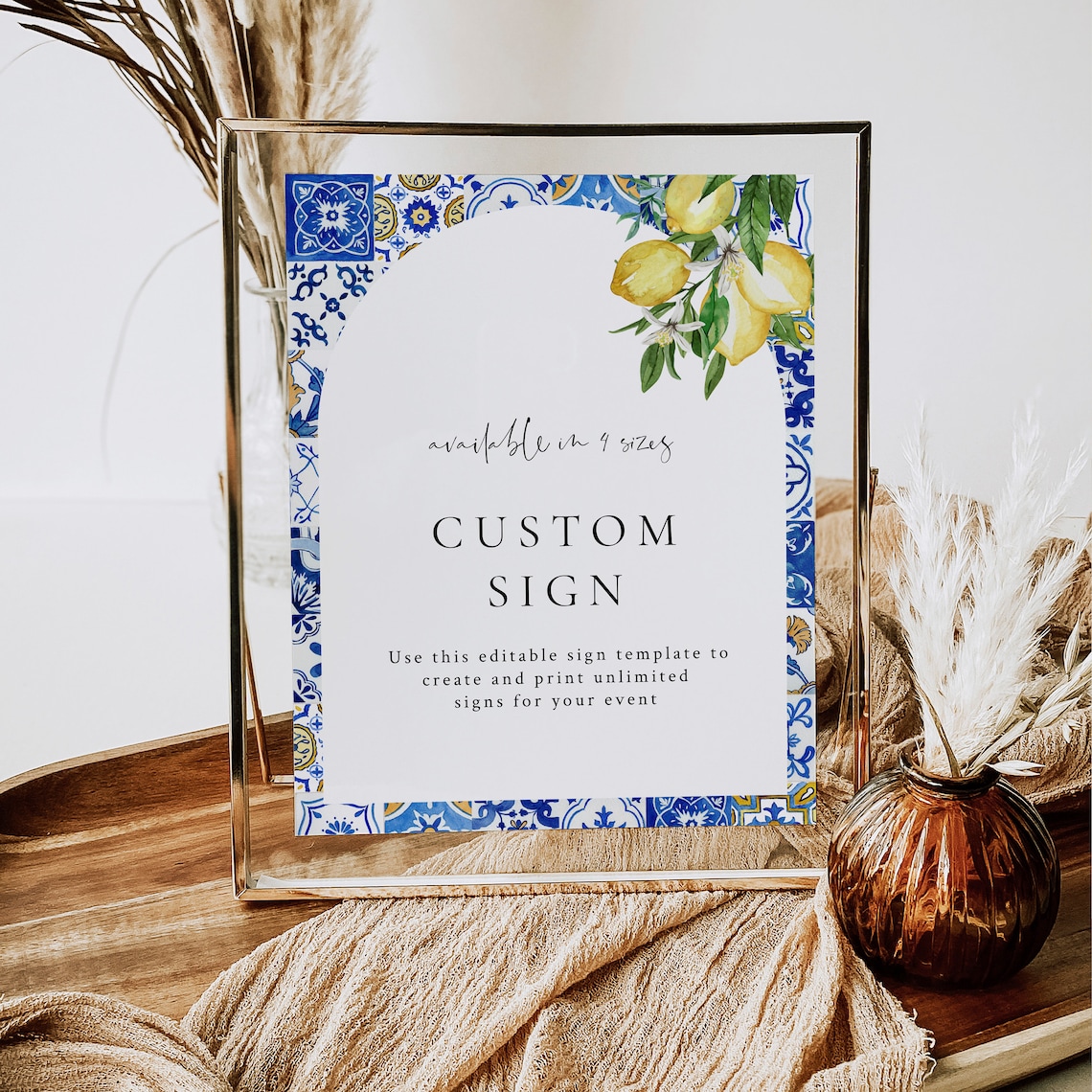 ALICIA - Blue Tiles and Lemons Custom Sign Template, Editable Arched ...