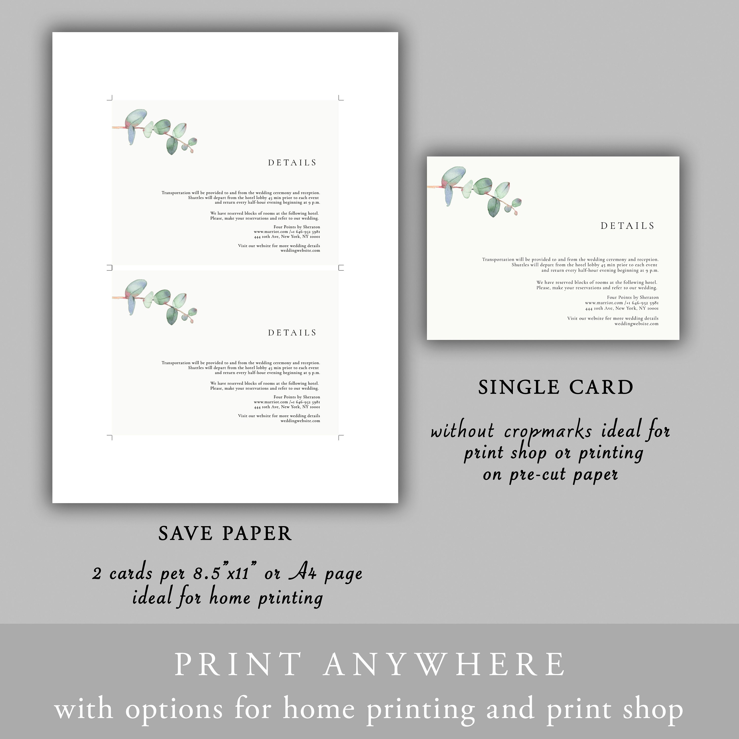 Eucalyptus Wedding Details Card Template Minimalist Greenery - Etsy