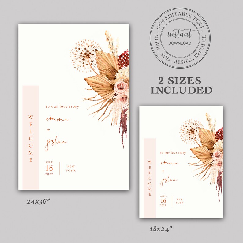 EMMA Boho Wedding Welcome Sign Template Pampas Grass Wedding - Etsy