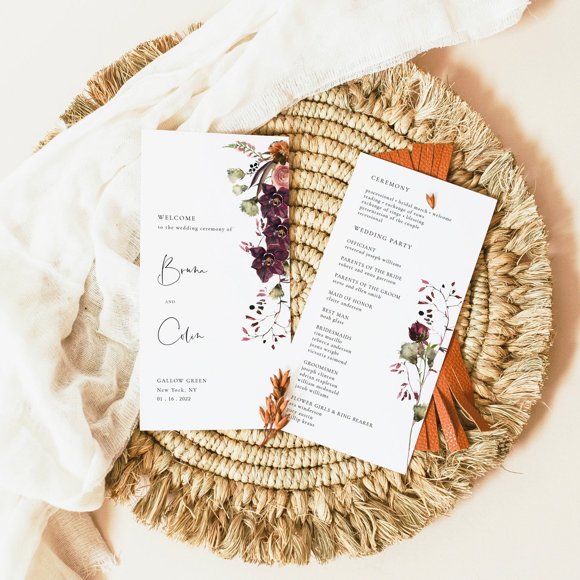 Burgundy Floral Wedding Program Template Printable Boho Order - Etsy