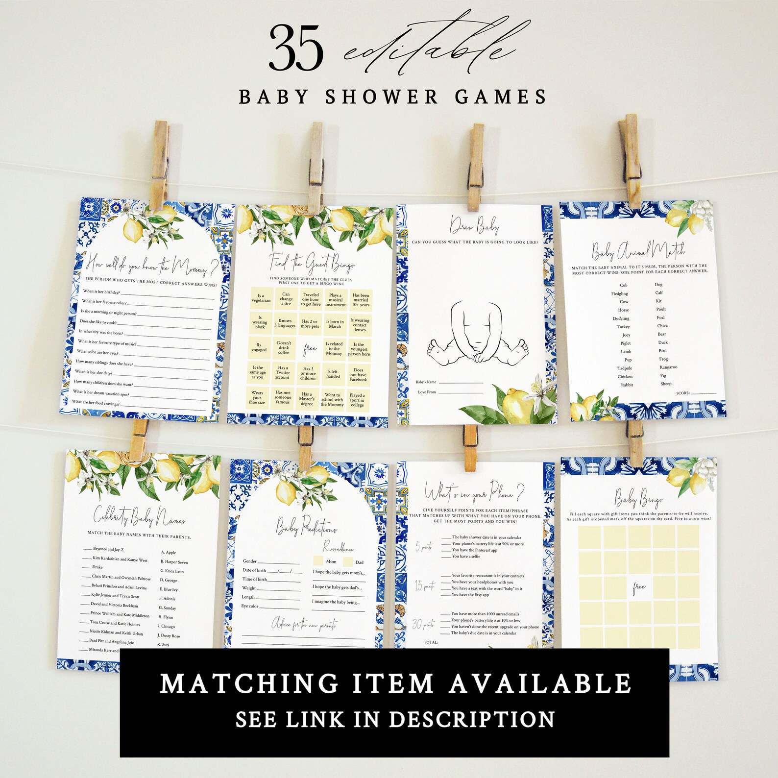 ALICIA Blue Tiles and Lemons Baby Shower Favor Tag Editable - Etsy