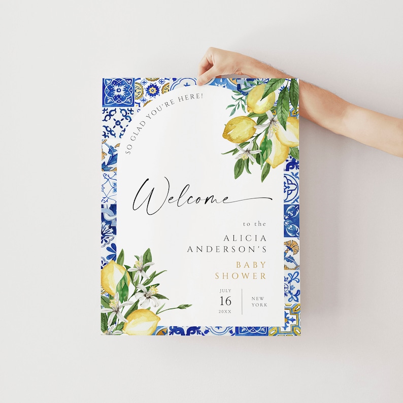 ALICIA Blue Tiles and Lemons Baby Shower Welcome Sign - Etsy