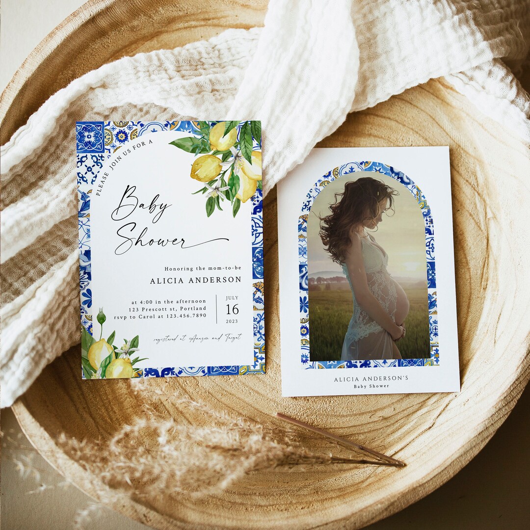 ALICIA - Blue Tiles and Lemons Baby Shower Invitation, Editable Italian ...