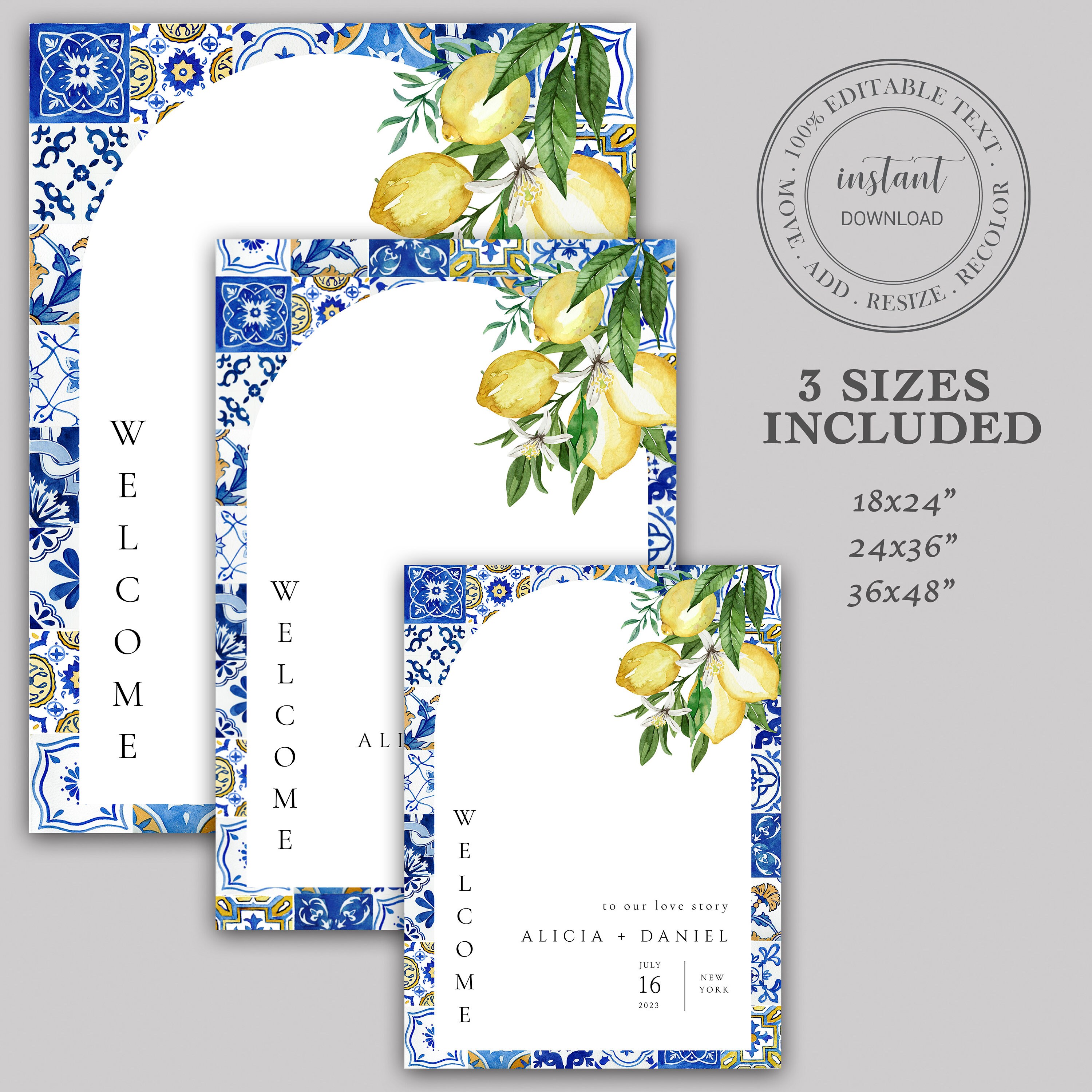 ALICIA Blue Tiles and Lemons Wedding Welcome Sign Template - Etsy