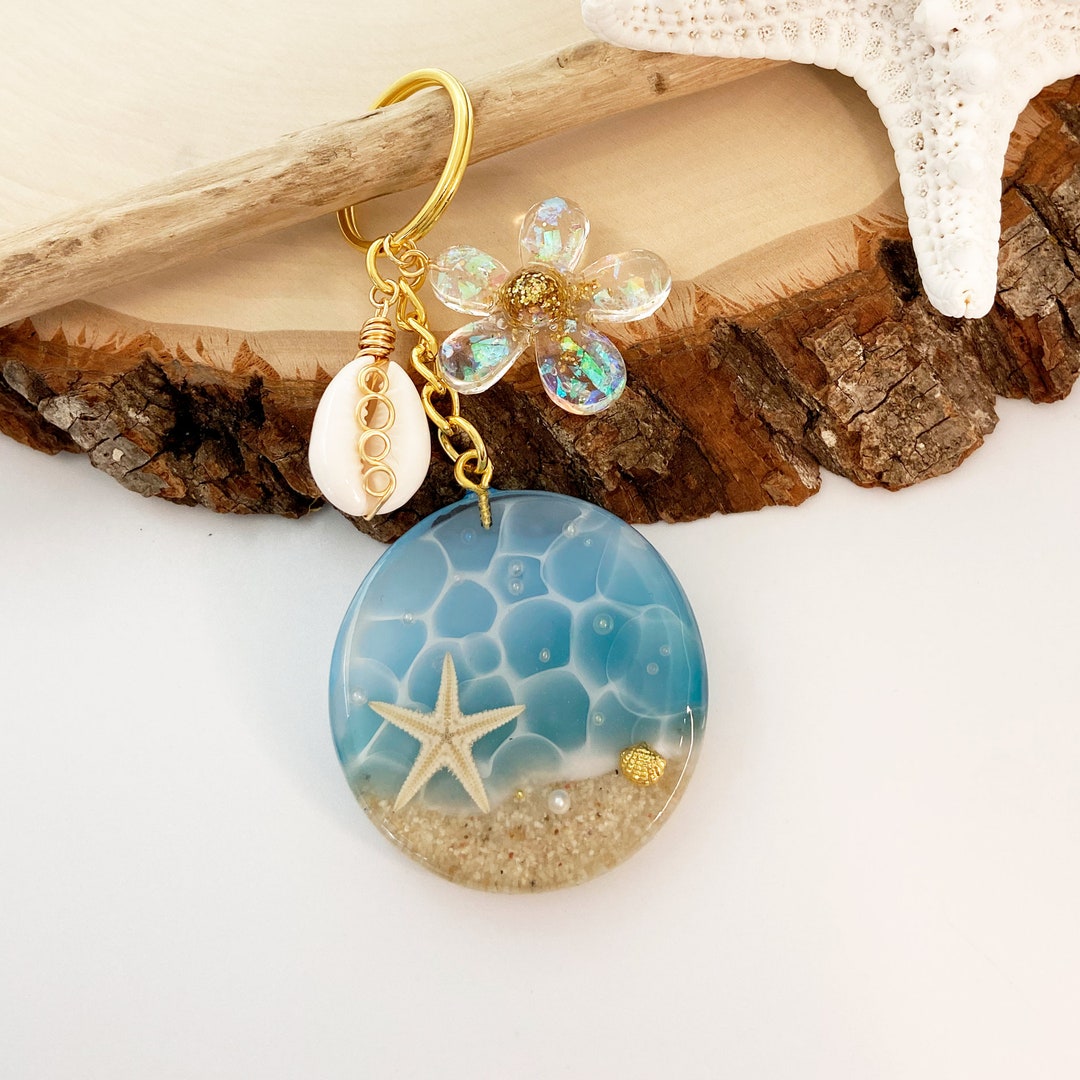 Ocean-inspired Resin Keyring, Beach Sand, Starfish and Seashells ...
