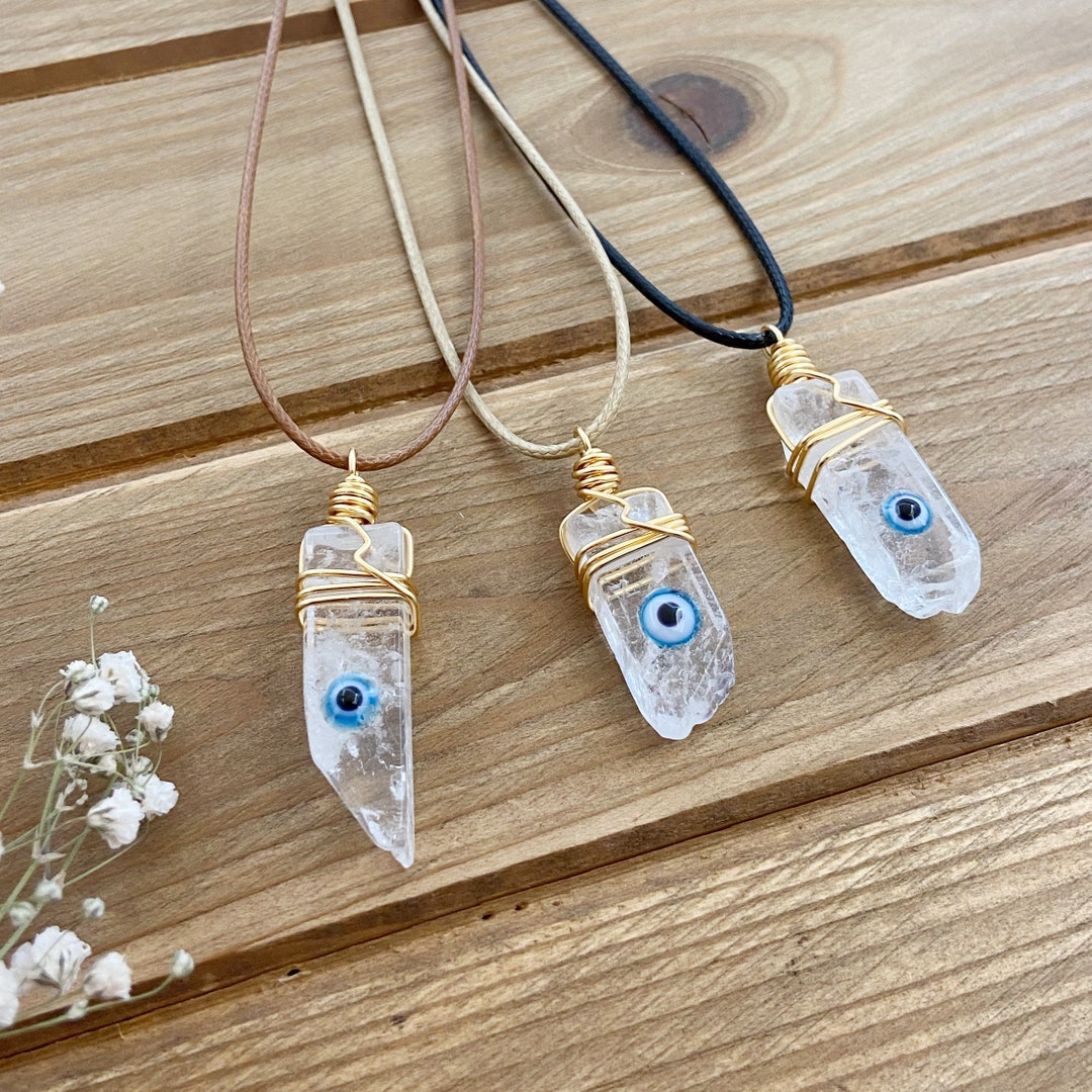 Large Quartz Crystal Evil Eye Necklace, Empath Protection Pendant ...