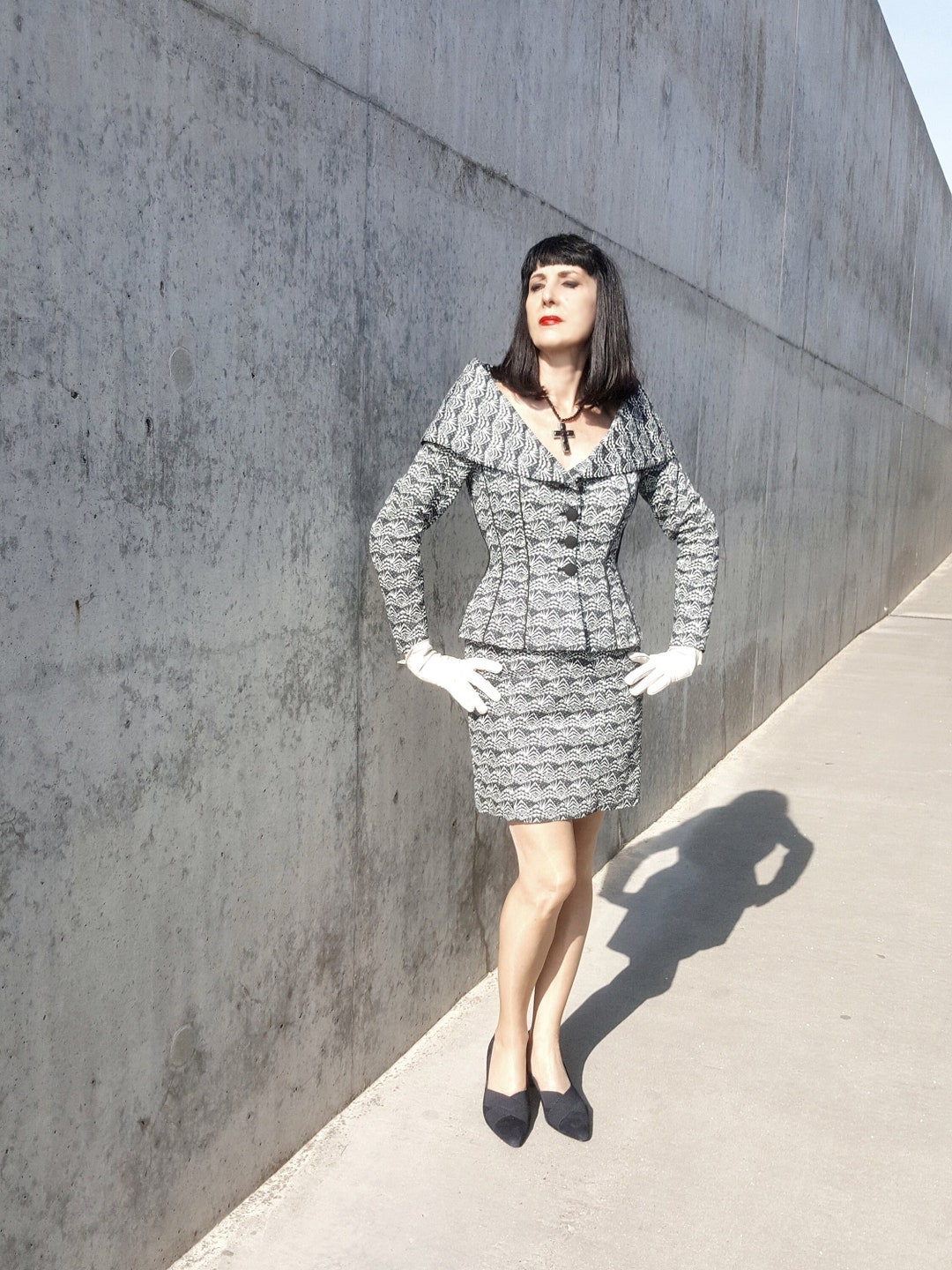 Vintage 1980s 90s Deco Gothic Print Power Wiggle Suit Sarah Whitworth ...