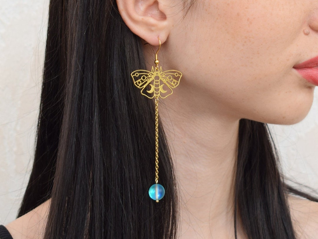 Gold Butterfly Luna Moth Opal Long Chain Earrings - Dangle and Drop Earrings With Opal Crystals ...