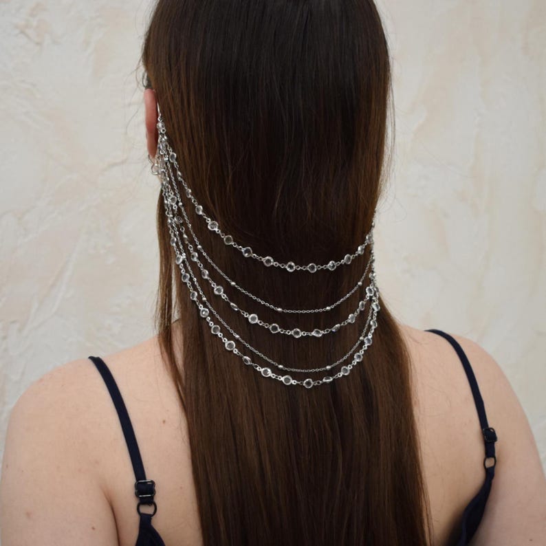 Handmade Crystal Hair Chain Double Ear Cuff No Piercing Boho Festival ...