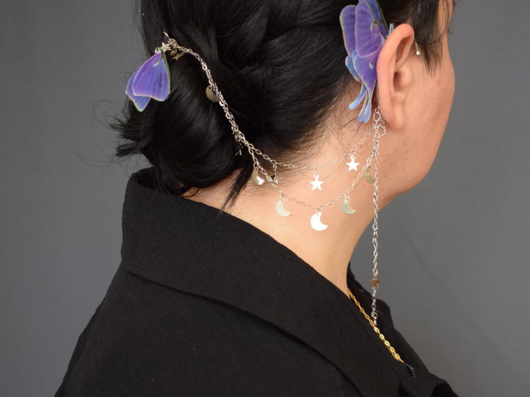 Purple Butterfly Luna Moth Ear Cuff No Piercing With Chain & Hair Comb ...