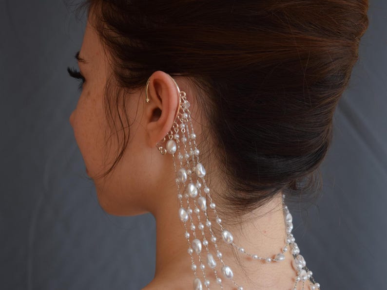 Pearls Chains Double Ear Cuff No Piercing – Hair Jewelry With Pearls ...