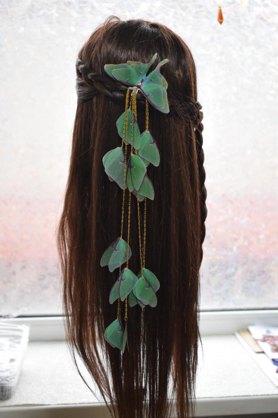 Luna Moth Hair Comb With Silk Organza Butterflies, Green Fairy Hair ...
