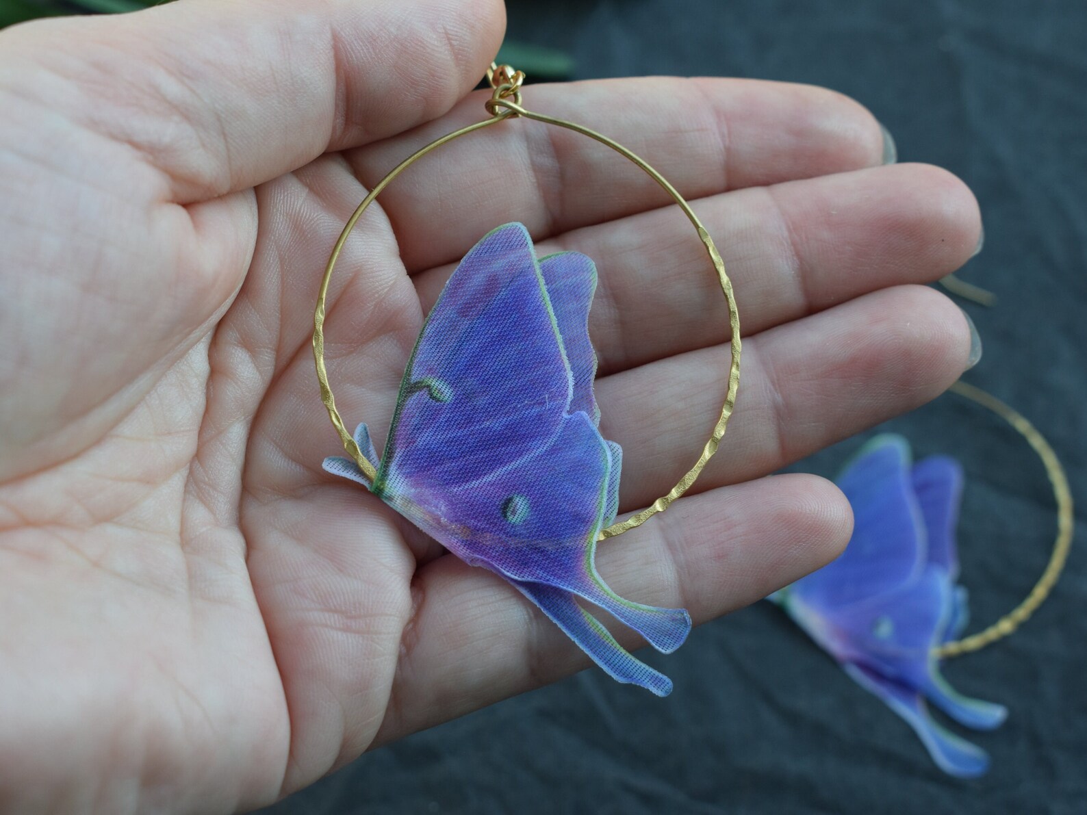 Purple Luna Moth Hoop Earrings and Hair Clip With Silk Organza Moving ...