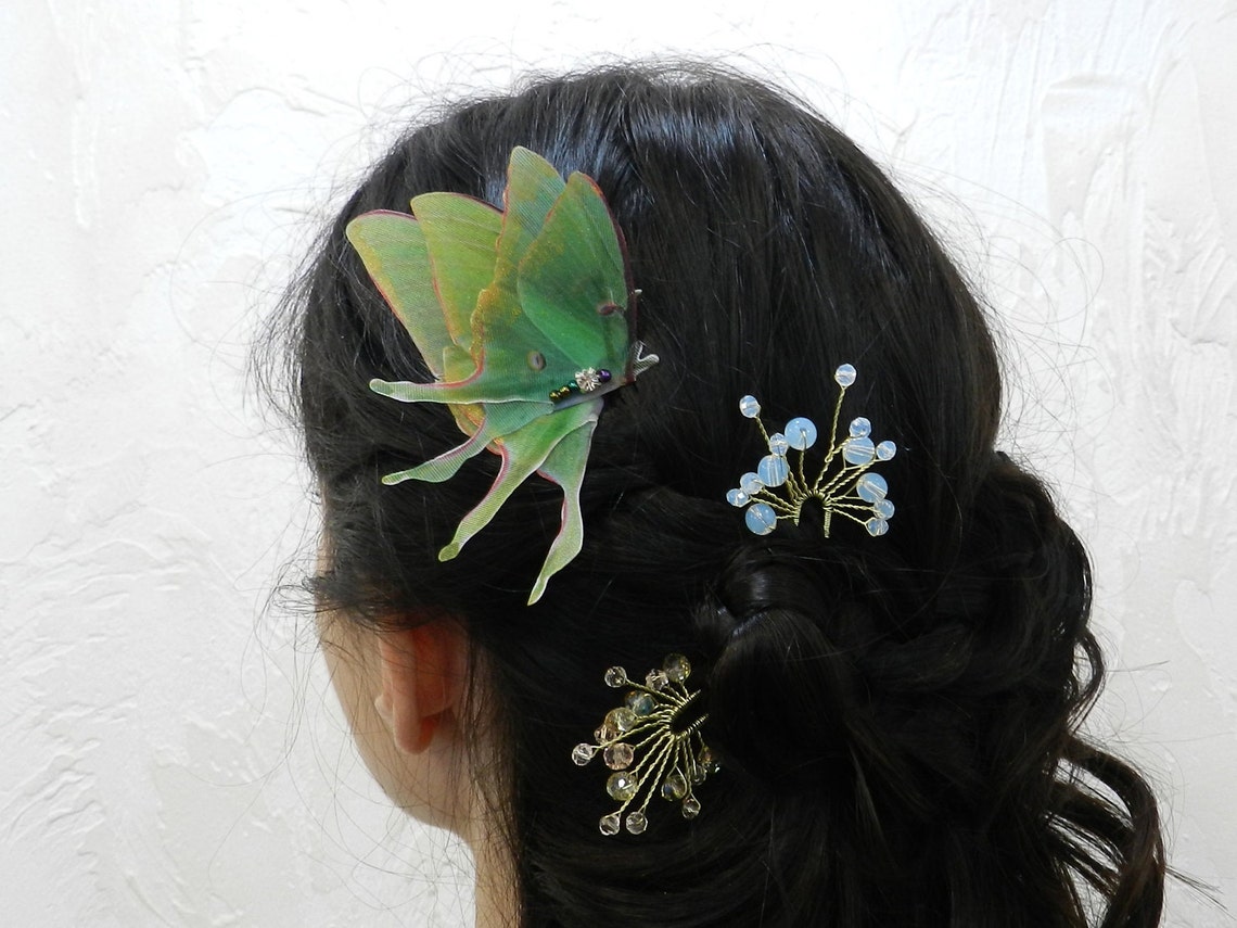 Silk Luna Moth Butterflies Hair Pins With Crystals Hair - Etsy