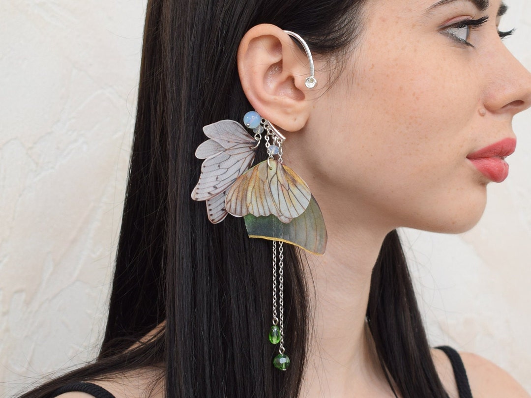 Silk Luna Moth Wings Ear Cuff No Piercing With Hair Clip Set - Long Ear ...