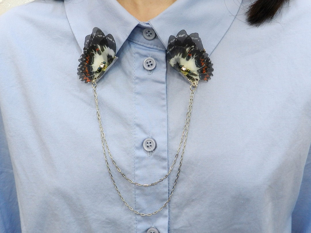 Silk Butterfly Wings Collar Pins With Chains - Collar Brooch ...