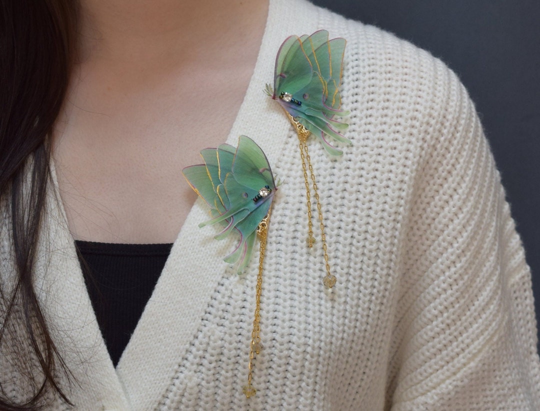 Silk Luna Moth Butterfly Collar Clip With Chains - Lapel Pin Brooch ...