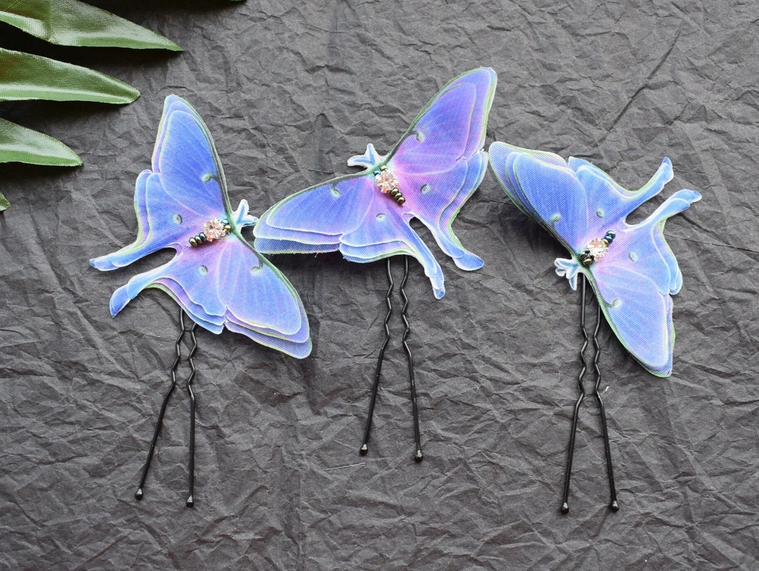Purple Luna Moth Hair Pins Layered Wings Silk Butterfly Hair ...