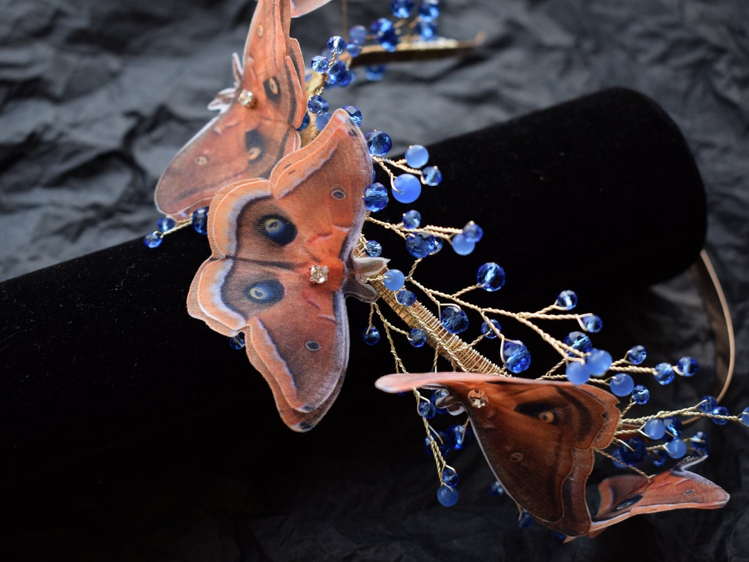 Silk Maple Moth Butterfly Headband With Blue Crystals Prom Hair ...
