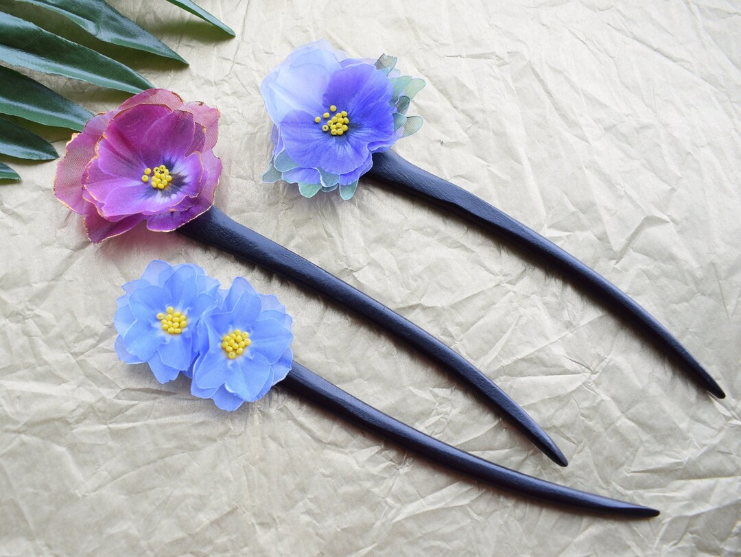 Wooden Hair Stick Silk Flowers Forget-me-nots and Pansies Single Prong ...