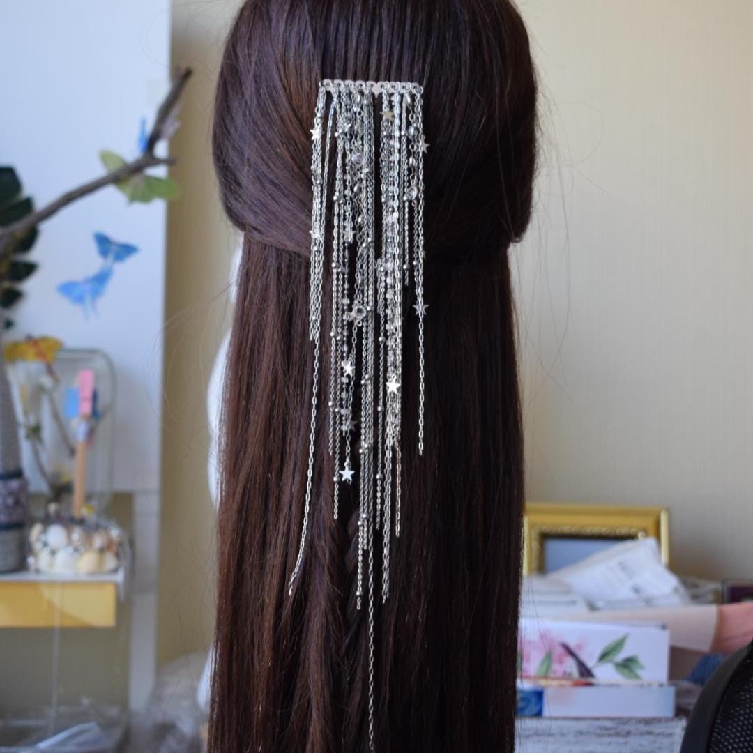 Silver Hair Comb With Chains and Crystal Stars Bridal Hair Accessory - Etsy