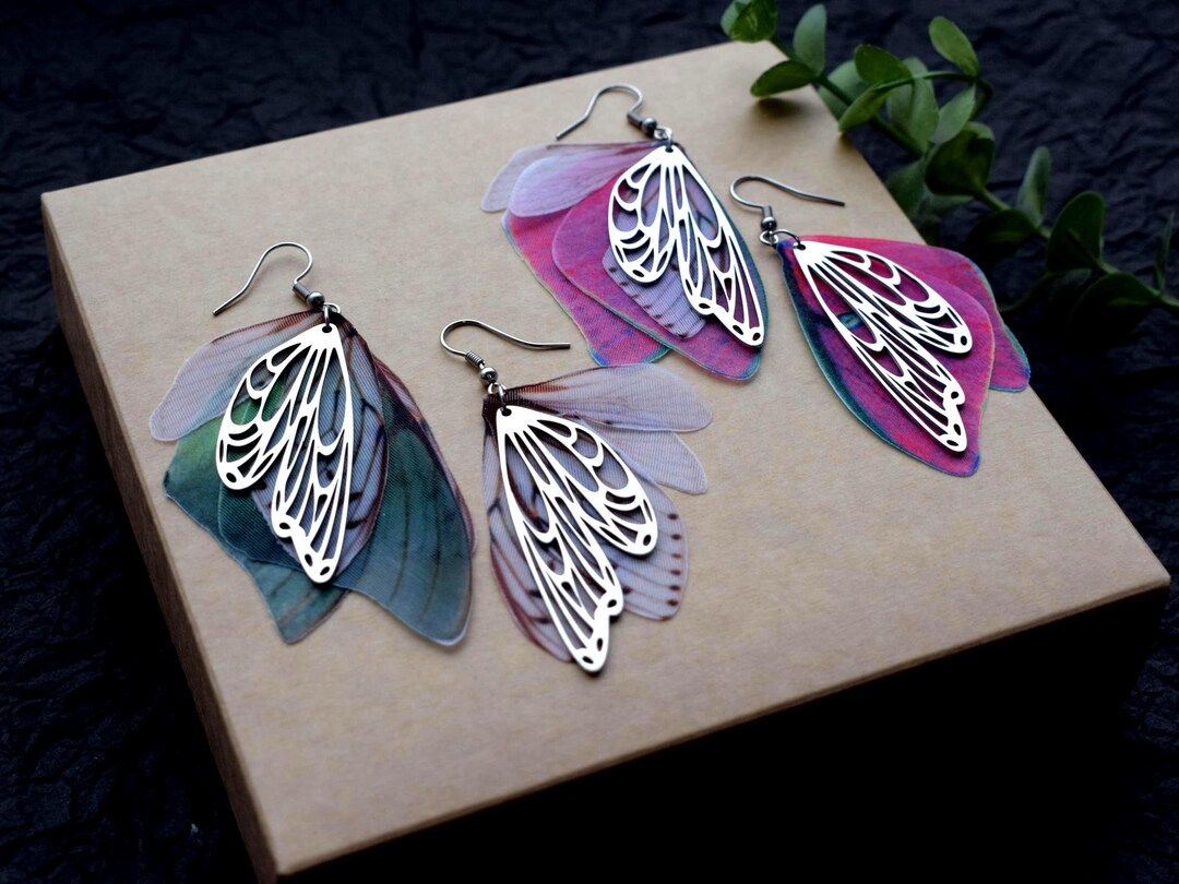 Fairycore Butterfly Moth Wing Earrings With Silver Filigree and Silk ...