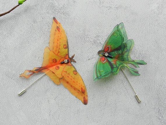 Luna Moth Silk Brooch Lapel Pin or Hair Clips With Rhinestone | Etsy