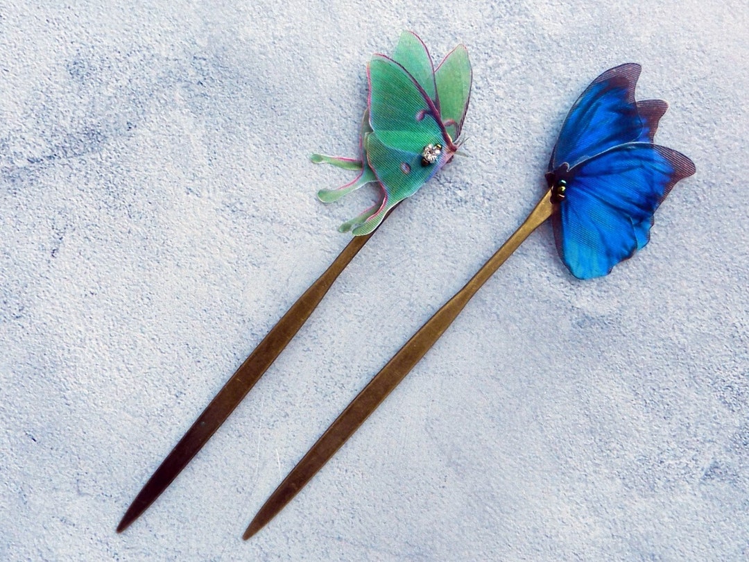 Hair Stick Blue Silk Butterfly Single Prong Chinese Hair Pin ...