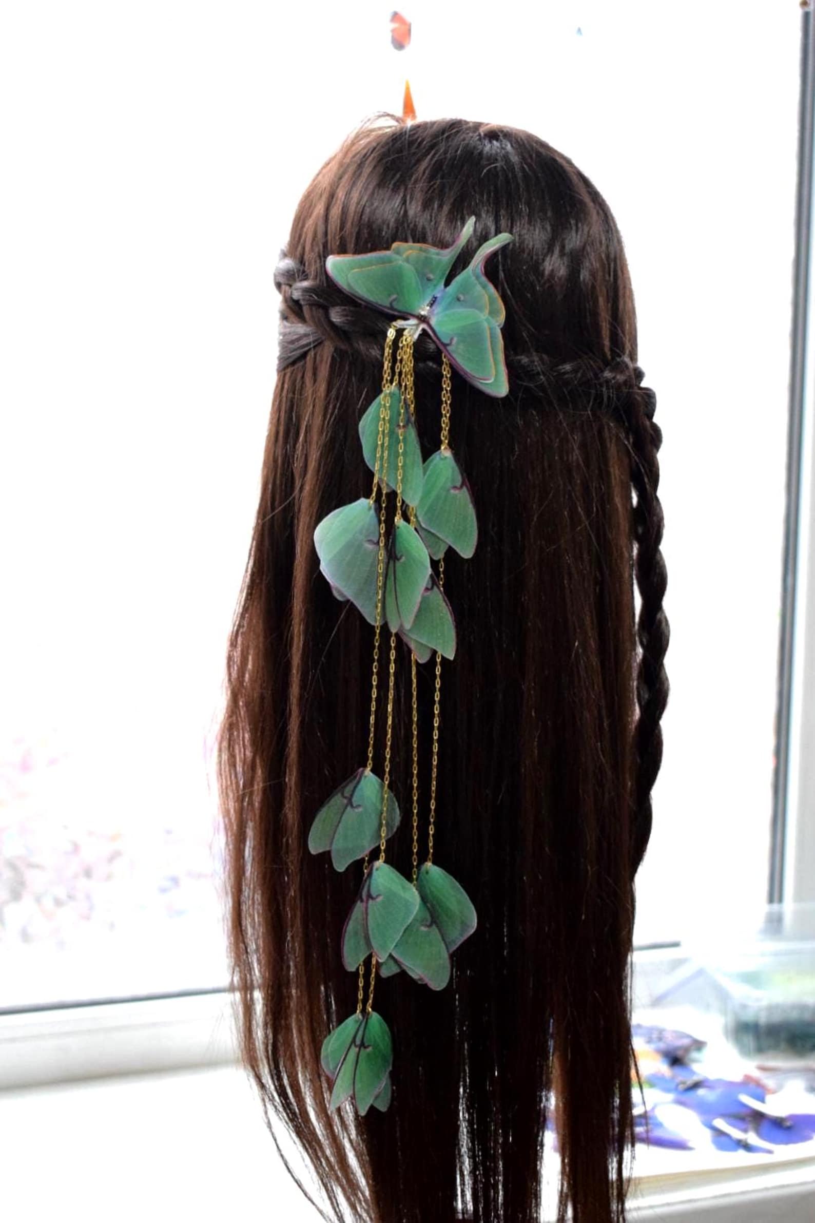 Luna Moth Hair Comb With Silk Organza Butterflies, Green Fairy Hair ...
