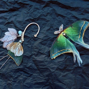 Silk Luna Moth Wings Ear Cuff No Piercing With Hair Clip Set - Long Ear ...