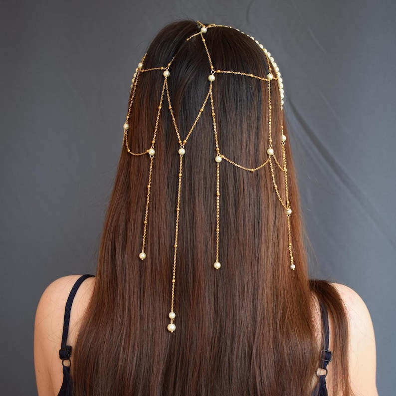 Pearl Bridal Crown With Golden Chains – Oriental Headpiece, Wedding ...